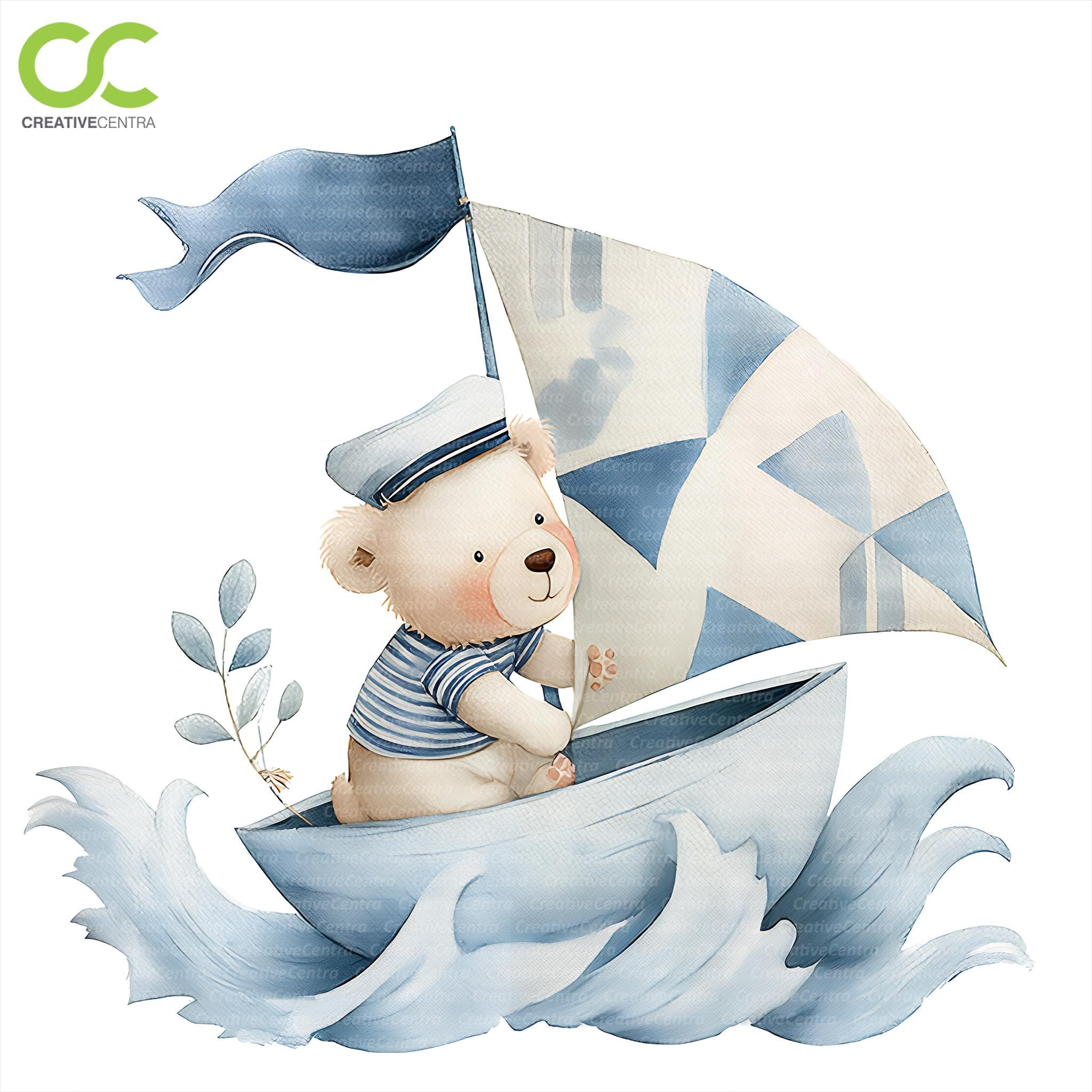12 Sailor Teddy Bear Boat Clipart, Nautical Baby Nursery Illustration ...
