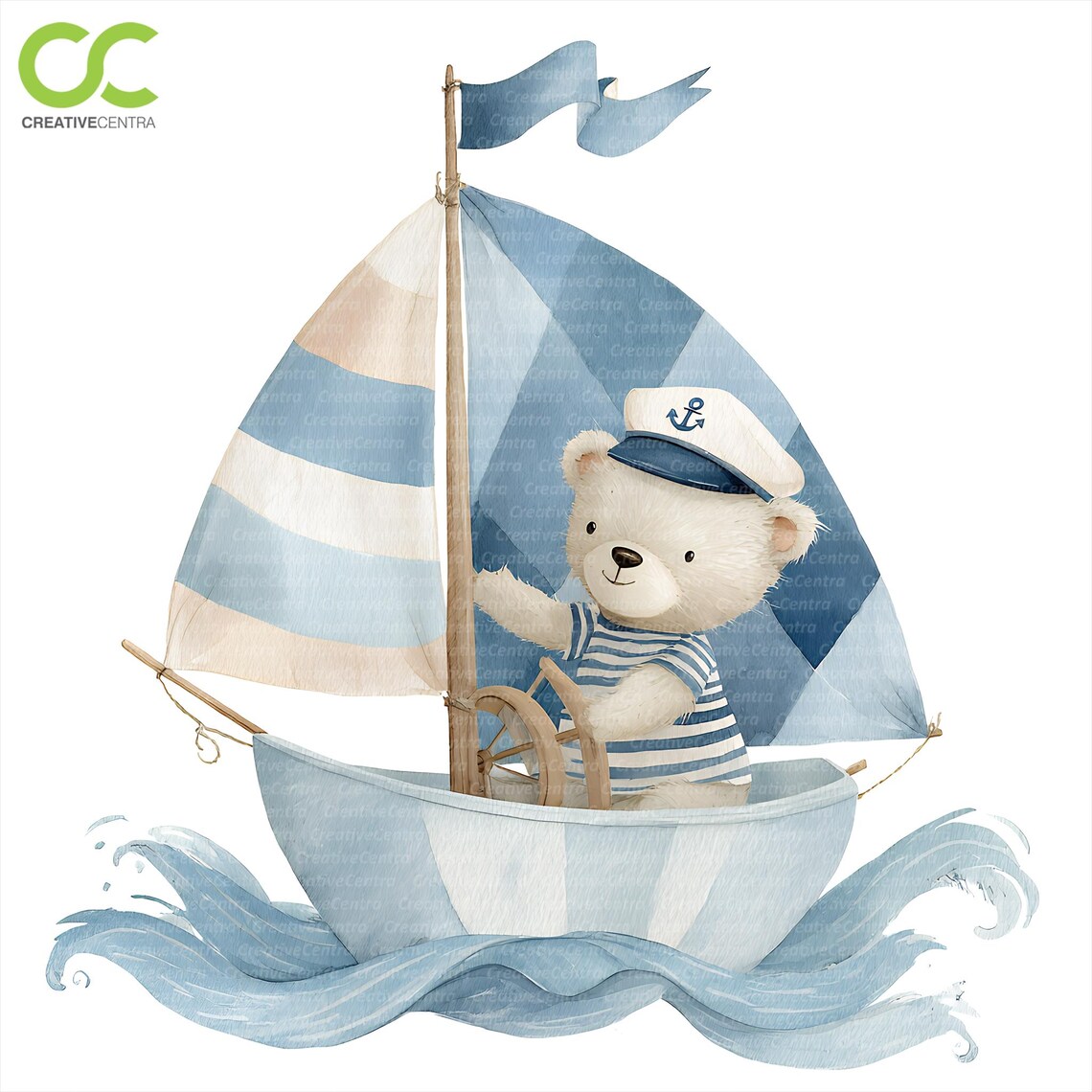 12 Sailor Teddy Bear Boat Clipart, Nautical Baby Nursery Illustration ...