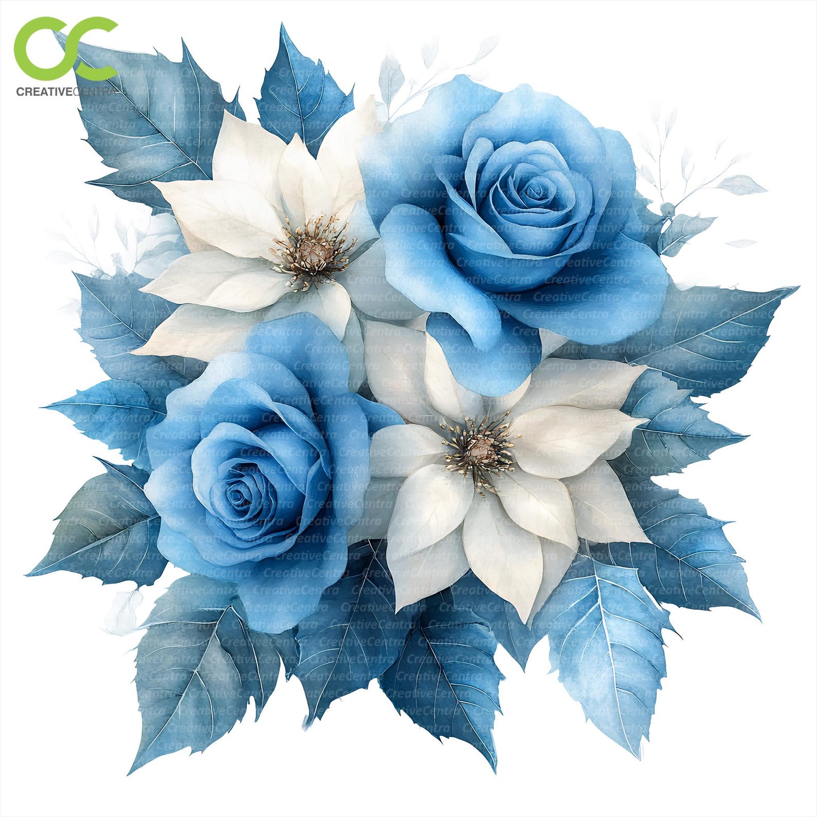 12 Blue Rustic Floral Clipart, Blue Rose & White Flower Wedding Bouquet ...