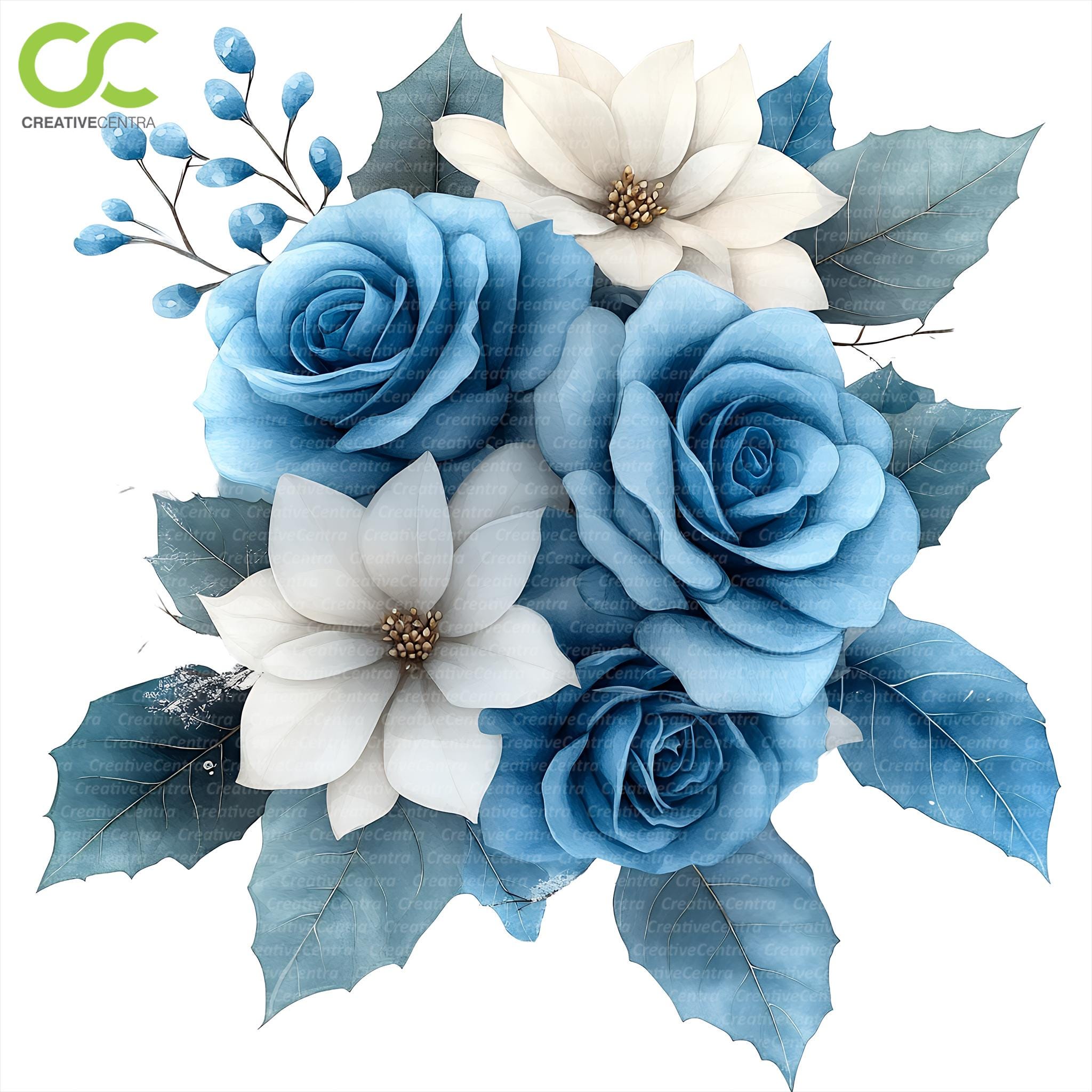 12 Blue Rustic Floral Clipart, Blue Rose & White Flower Wedding Bouquet ...