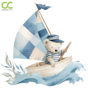 12 Sailor Teddy Bear Boat Clipart, Nautical Baby Nursery Illustration ...