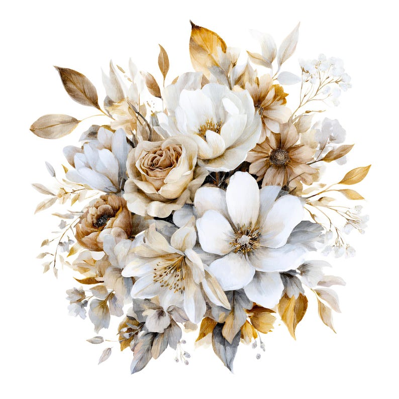 10 Golden Flower Wedding Bouquet Clipart, Watercolor Flowers Print ...
