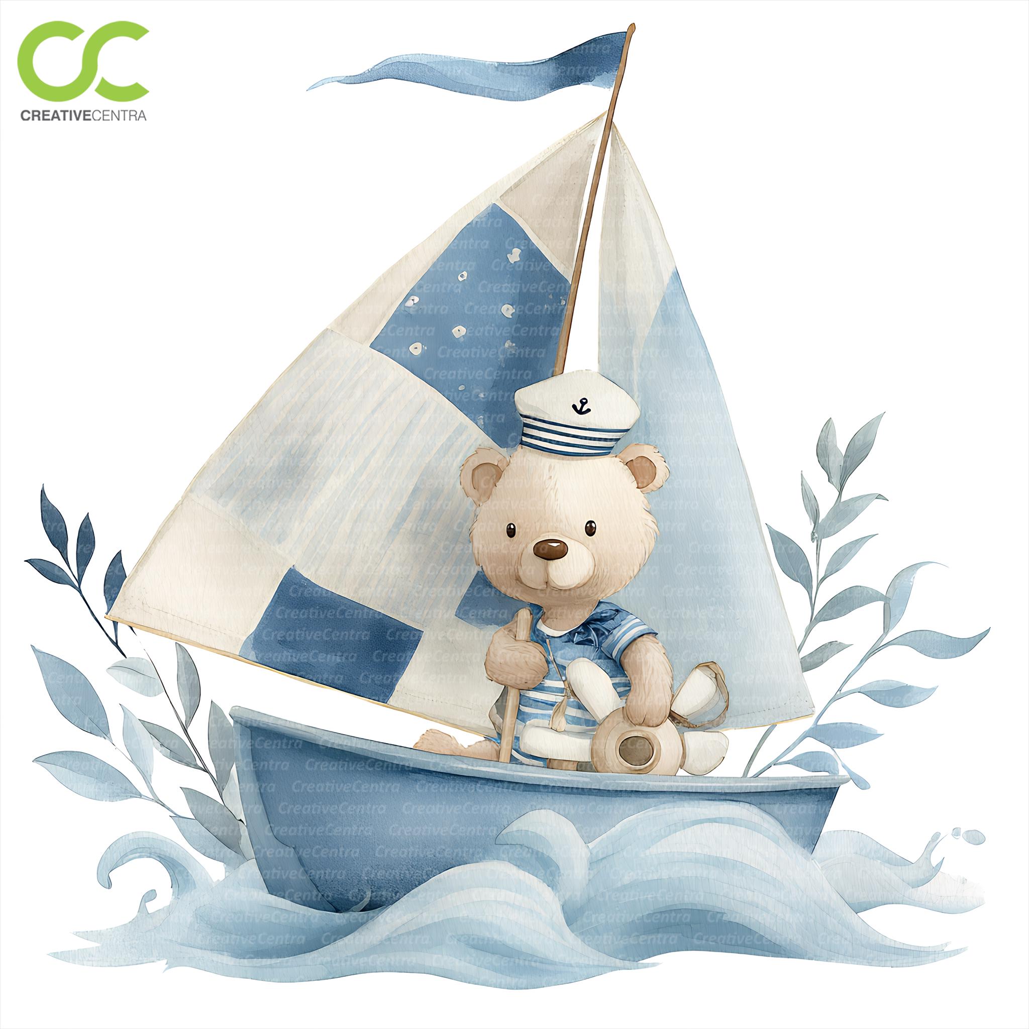 12 Sailor Teddy Bear Boat Clipart, Nautical Baby Nursery Illustration ...