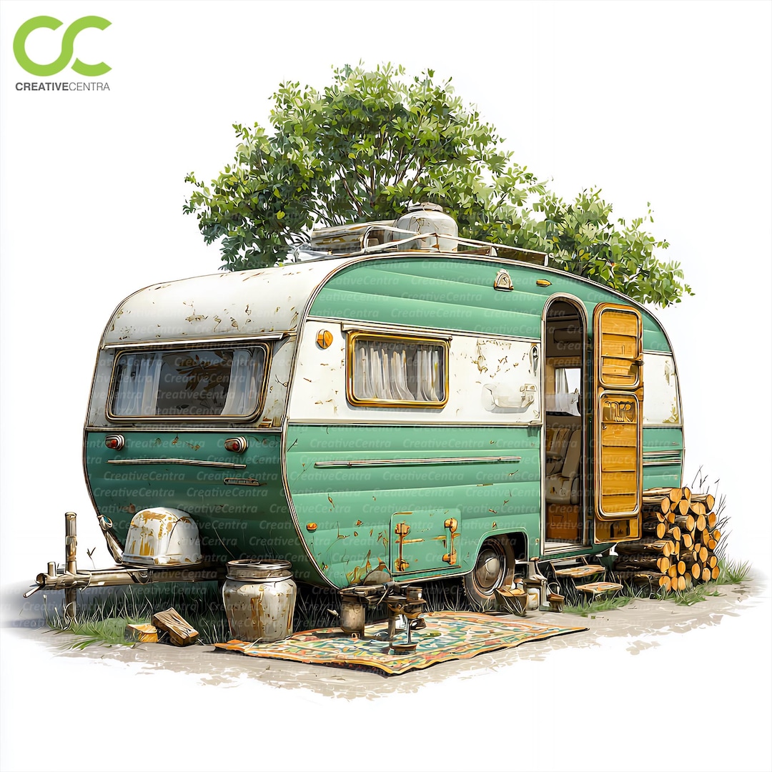 20 Vintage Camper Trailer Clipart, Retro Trailer Camping Illustration ...