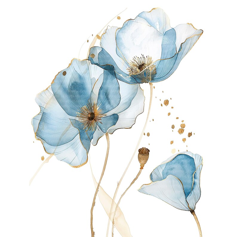 10 Elegant Blue Flower Clipart Bundle, Poppy Style Botanical Floral ...