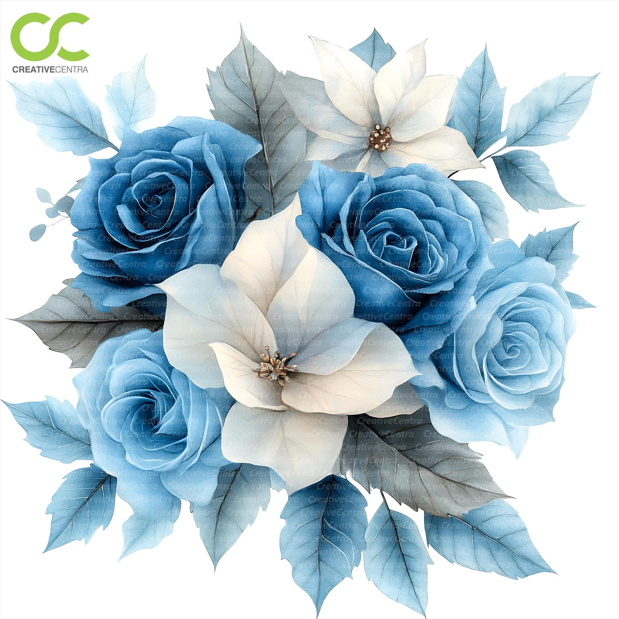 12 Blue Rustic Floral Clipart, Blue Rose & White Flower Wedding Bouquet ...