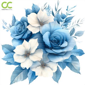 12 Blue Rustic Floral Clipart, Blue Rose & White Flower Wedding Bouquet ...