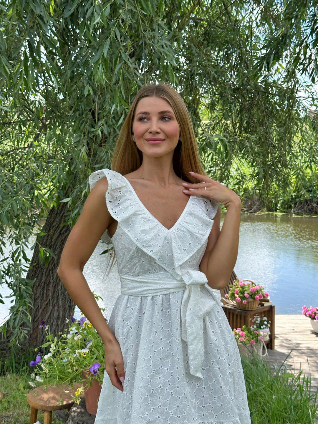 White Cotton Sundress, Cute Dress for Family Photo-shooting, Sleeveless ...