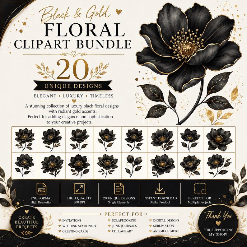 Black Gold Watercolor Floral Clipart Bundle, 20 Elegant Flower Pngs ...