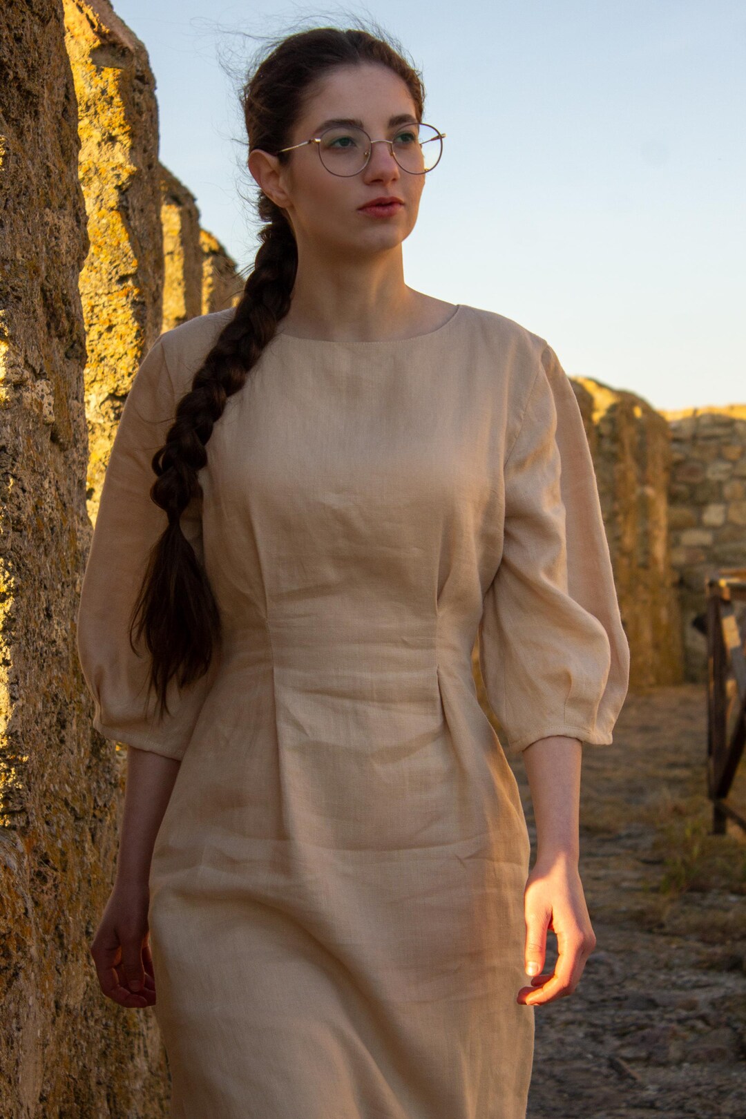 Linen Milkmaid Midi Dress, Cottage Core Modest Dress, Black Linen Dress ...