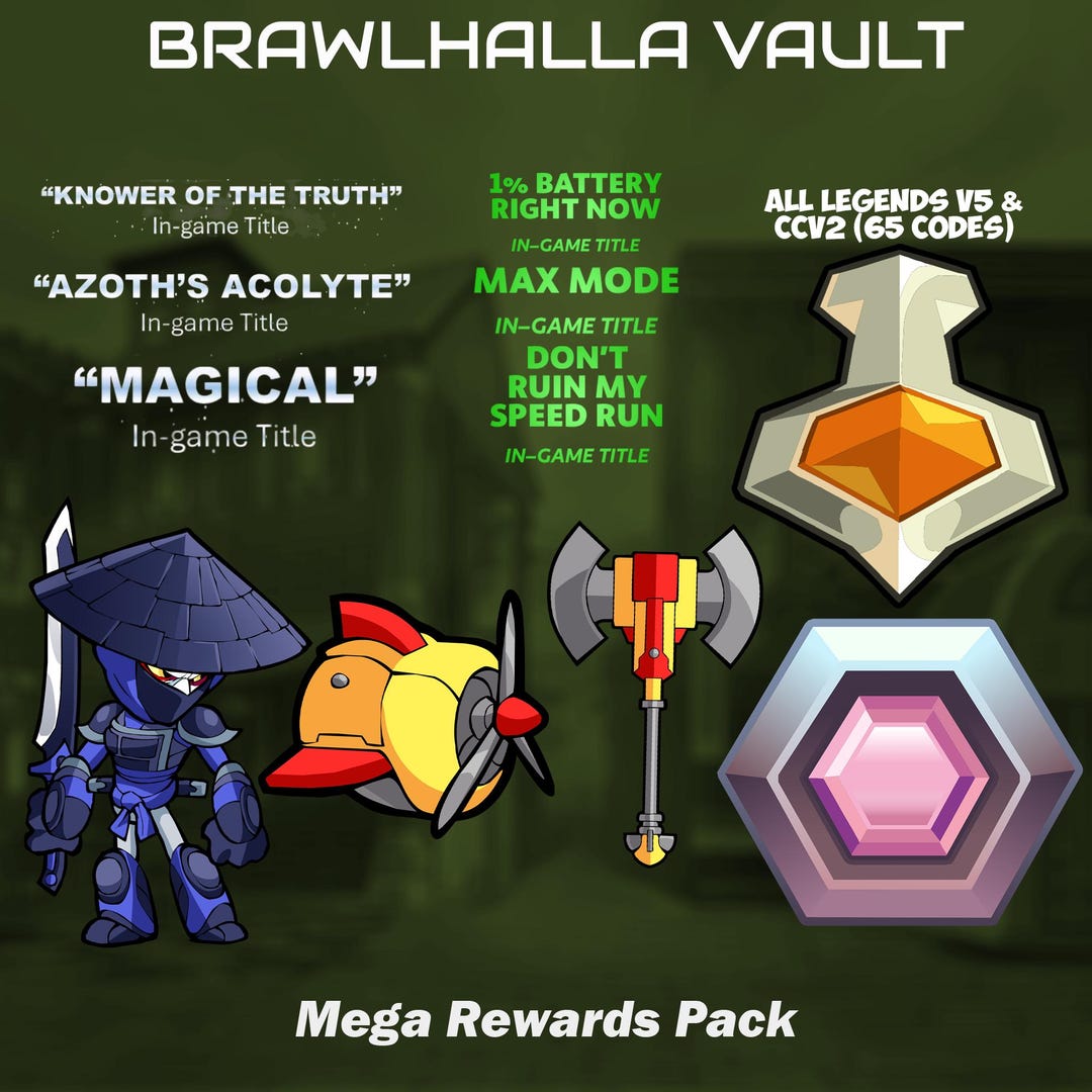 Brawlhalla - 138 Codes Mega Pack | 65 V5 & CCV2, 6 Titles, Toybox Orb, Toybox Axe, Nightblade ...