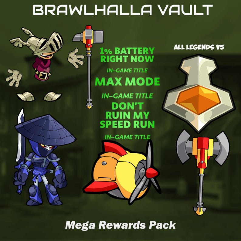 Brawlhalla - Mega Pack | 65 V5, 3 Titles, Toybox Orb, Toybox Axe ...