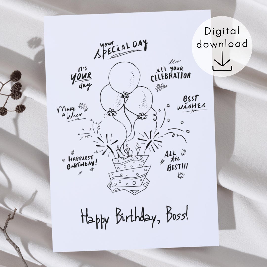 Happy Birthday Boss Card | Minimalist Cake & Balloons | Female Boss ...