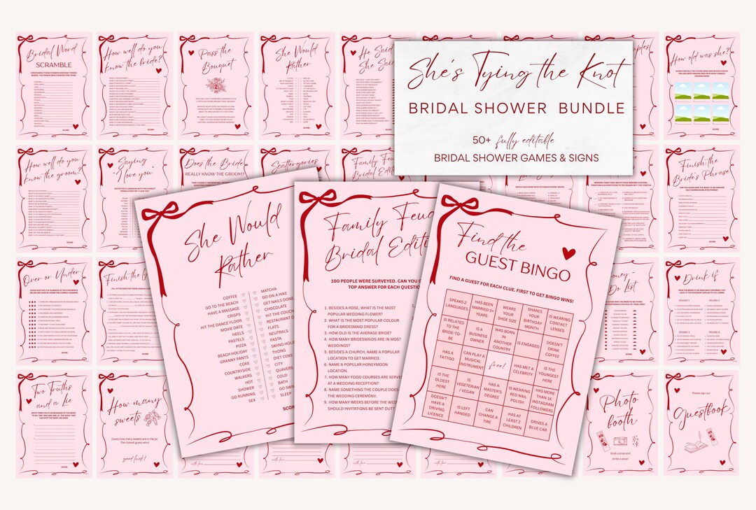 Bridal Shower Games & Signs Bundle: Pink Ribbon Design (digital Prints ...