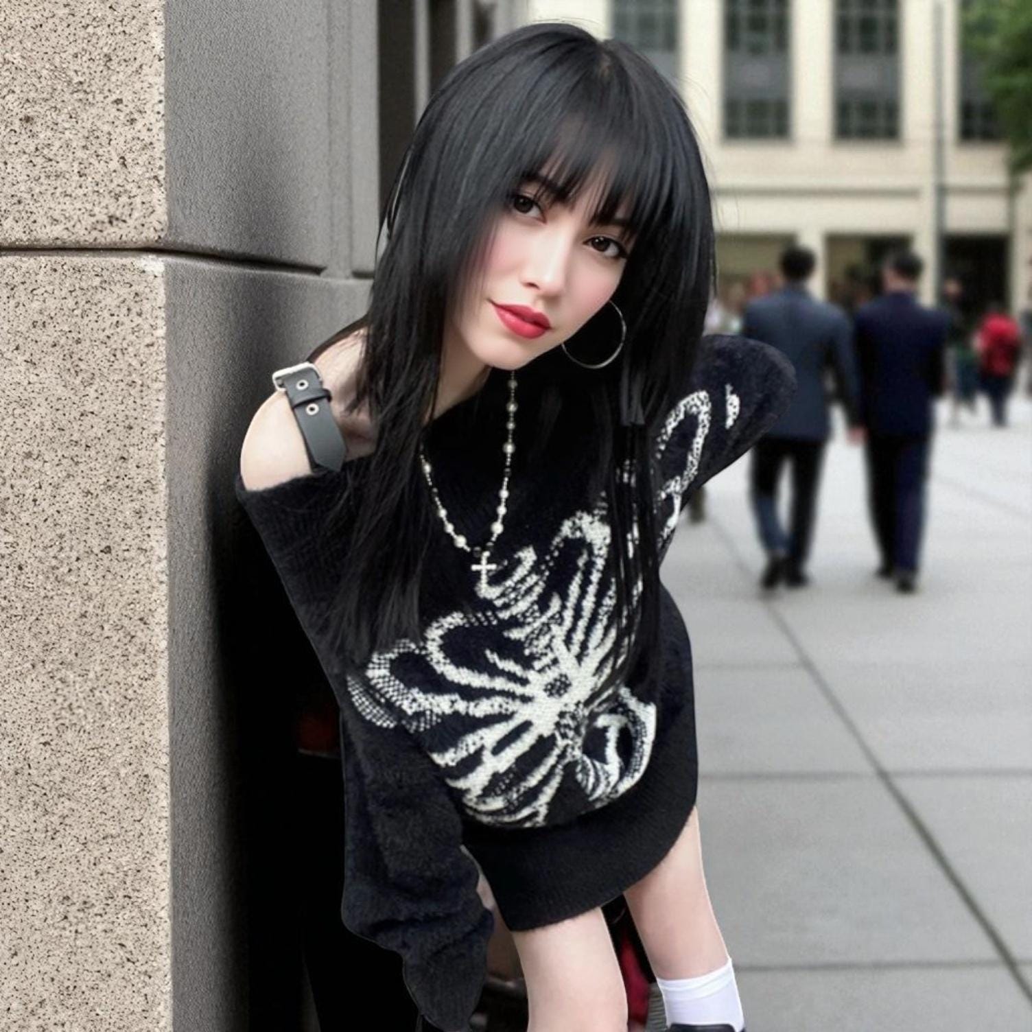 Oversized Black Skeleton Knit Jumper – Gothic Streetwear Pullover for ...