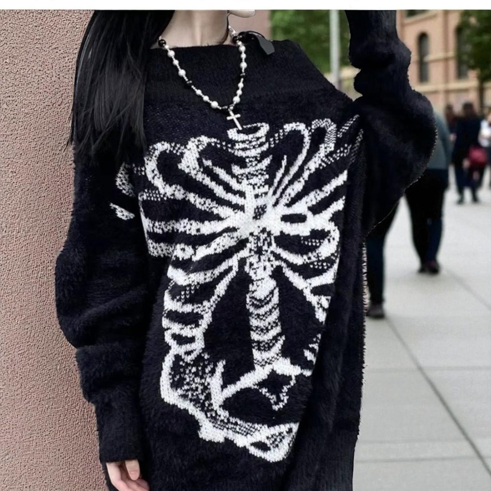 Oversized Black Skeleton Knit Jumper – Gothic Streetwear Pullover for ...