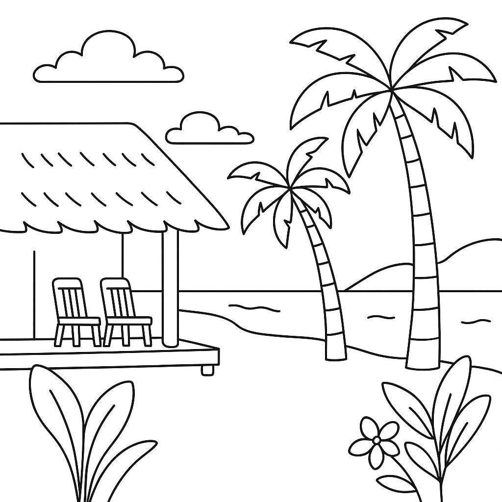 Printable Tropical Coloring Page – Relaxing Vacation Scene for Adults ...