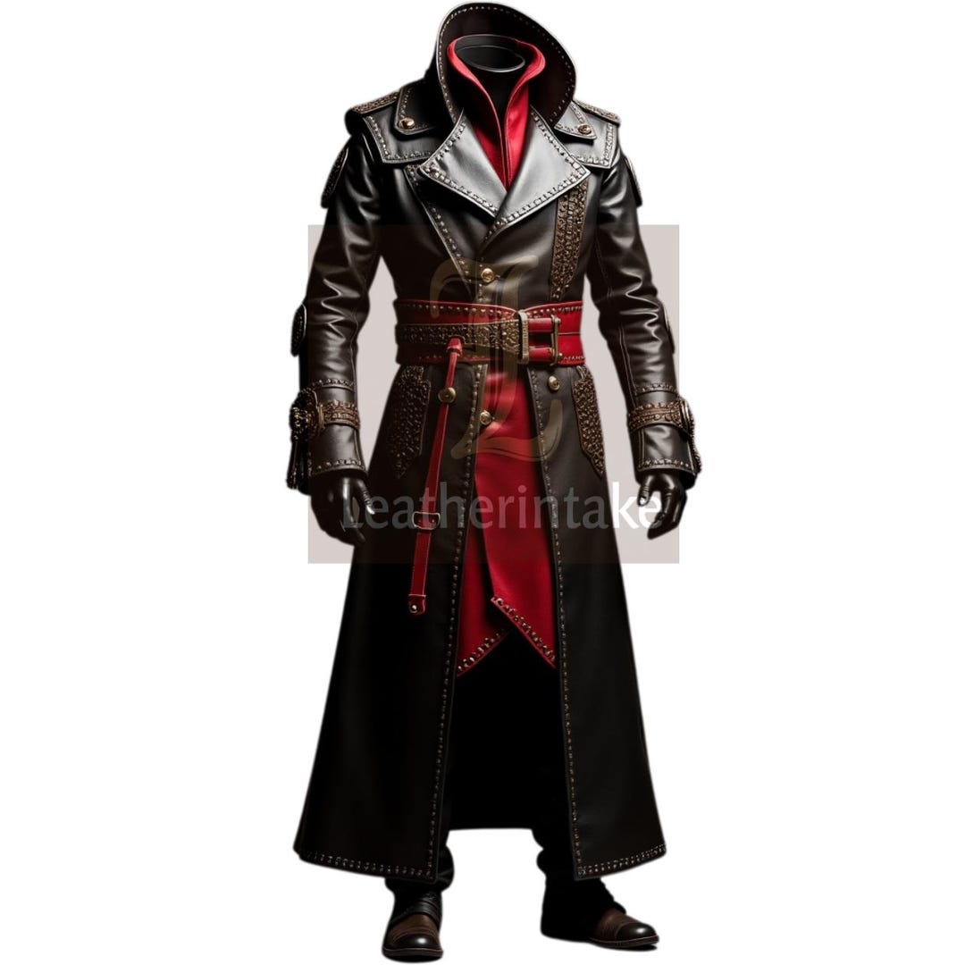 Men’s Black Leather Trench Coat With Red Accents - Men’s Gothic Leather ...