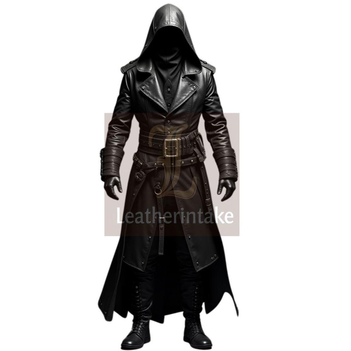 Hooded Long Black Leather Coat -gothic Hunter Leather Duster - Mystic ...