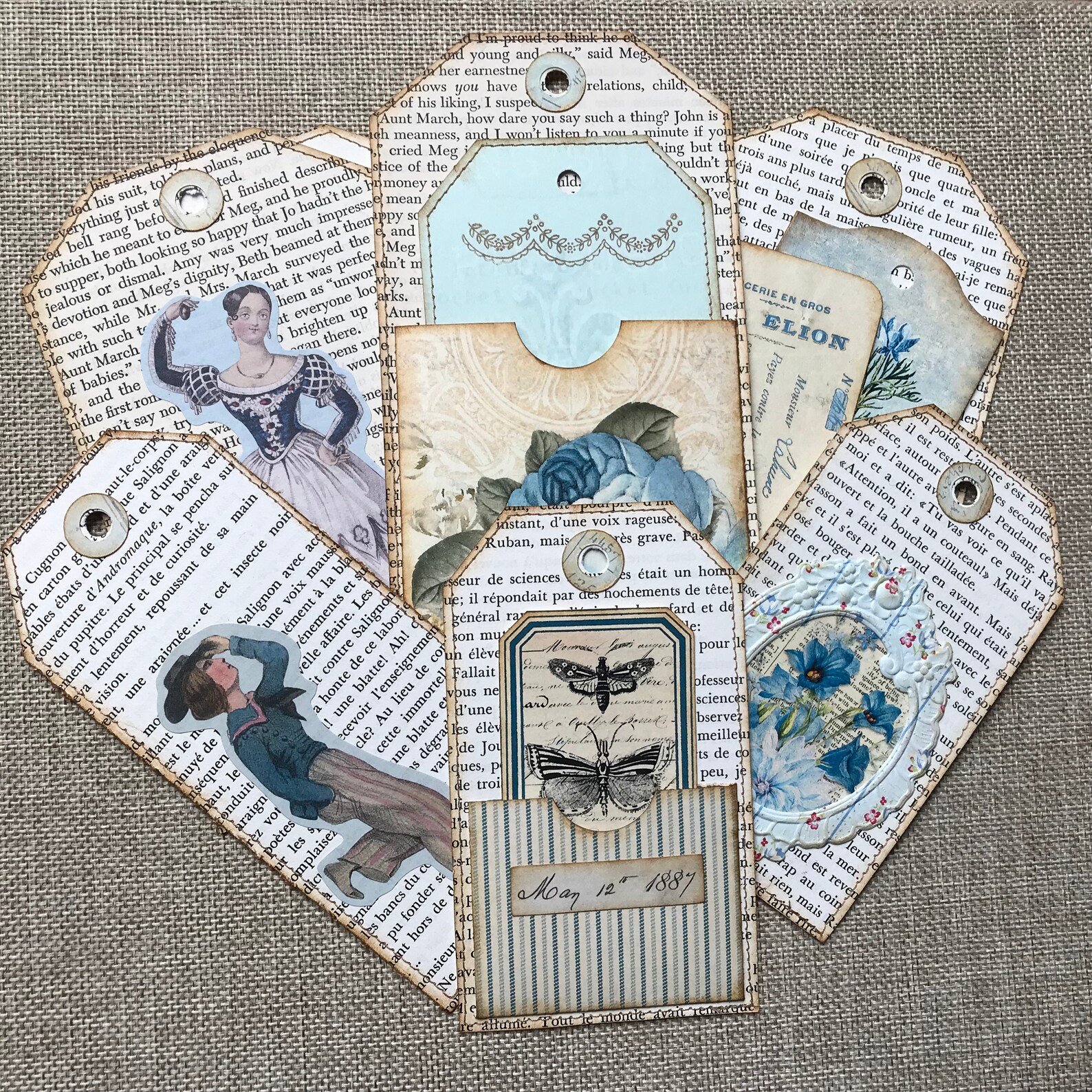 Handmade Stitched Book Page Tags Set of 8 - Etsy
