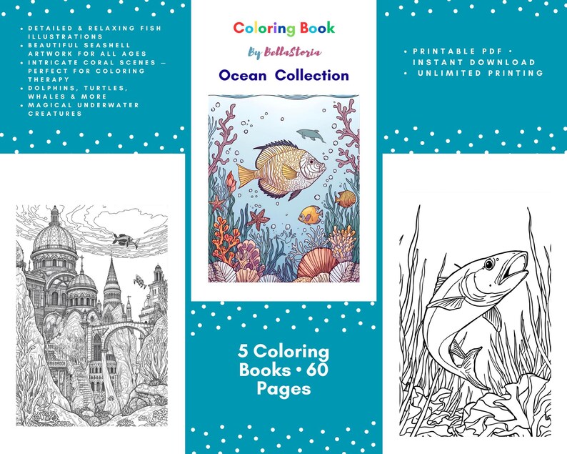 Ocean Coloring Book | 60 Detailed Ocean Scenes | Fish, Shells, Corals ...