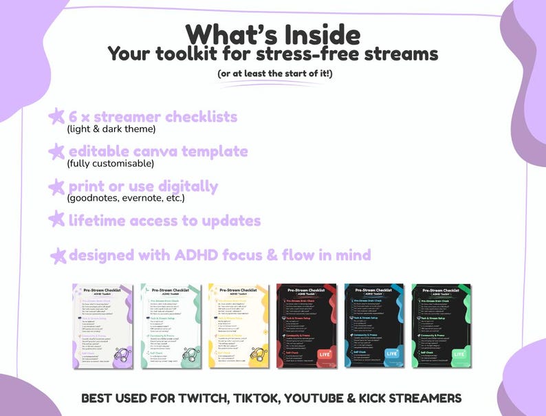 ADHD Streamer Checklist – Pre-stream Toolkit for Twitch & Youtube | 6 Themes + Editable Canva ...