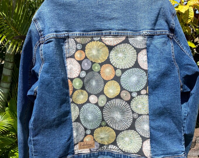 Upcycled Jeans Jacket - XL - Multicolored Opihi Print. FREE SHIPPING - Etsy