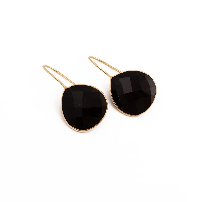 Black Onyx Teardrop Earrings, Gold Hook Dangle Earrings, Faceted Pear ...