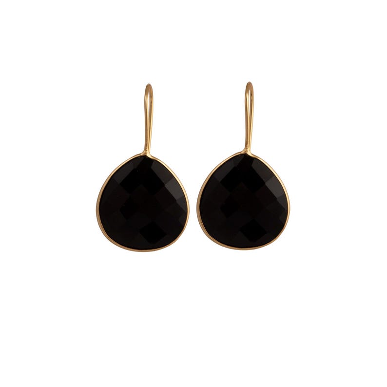 Black Onyx Teardrop Earrings, Gold Hook Dangle Earrings, Faceted Pear ...