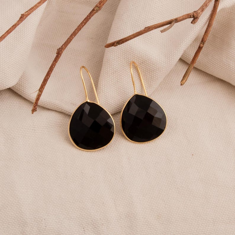 Black Onyx Teardrop Earrings, Gold Hook Dangle Earrings, Faceted Pear ...