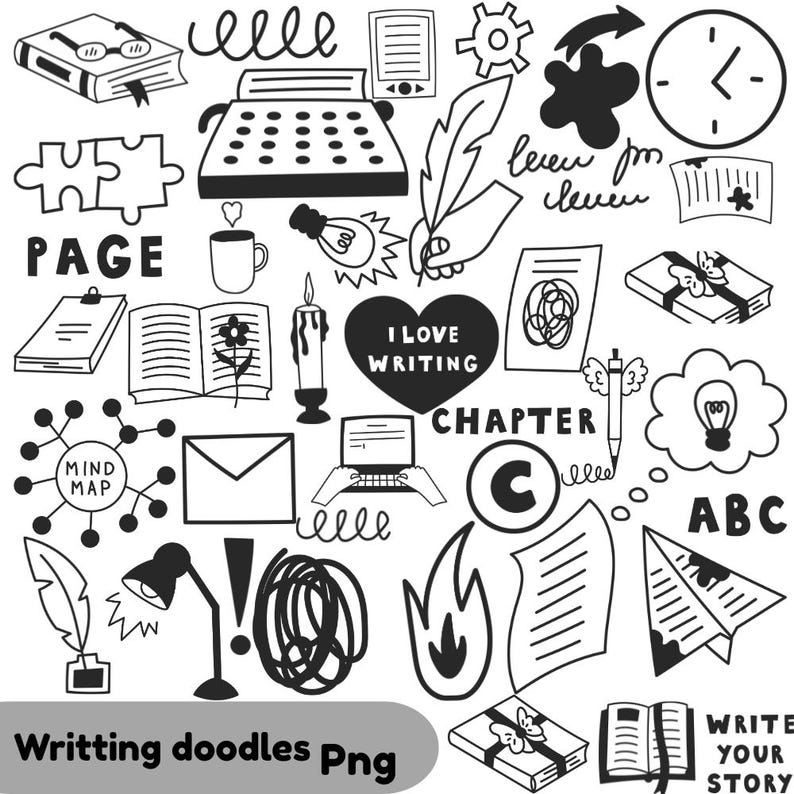Book Writing Doodle Clipart PNG Bundle | Hand Drawn Sketch Icons for ...