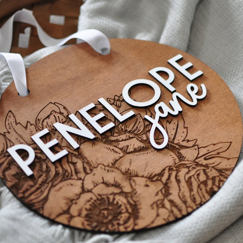 Floral Wood Name Sign Personalized Maple Round With Ribbon | Etsy