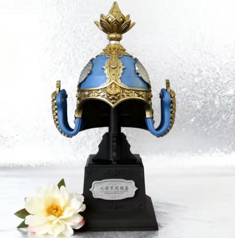 Imperial Chinese General Helmet Sculpture: Blue & Gold Armor ...