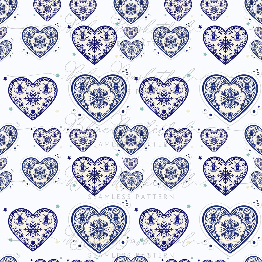 Delft Blue Heart Christmas Seamless Pattern - Dutch Windmills ...