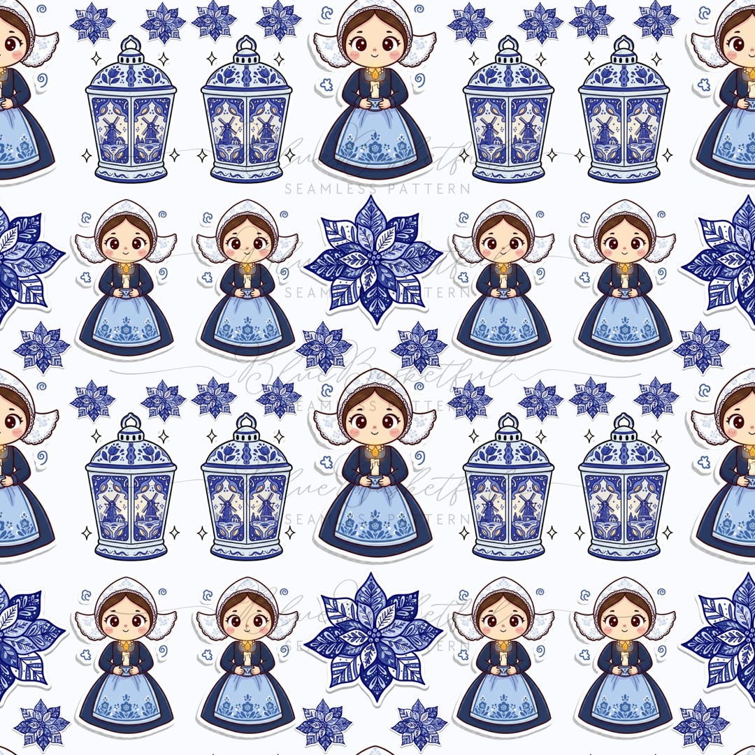 Delft Blue Dutch Girl Christmas Seamless Pattern - Lanterns Snowflakes ...