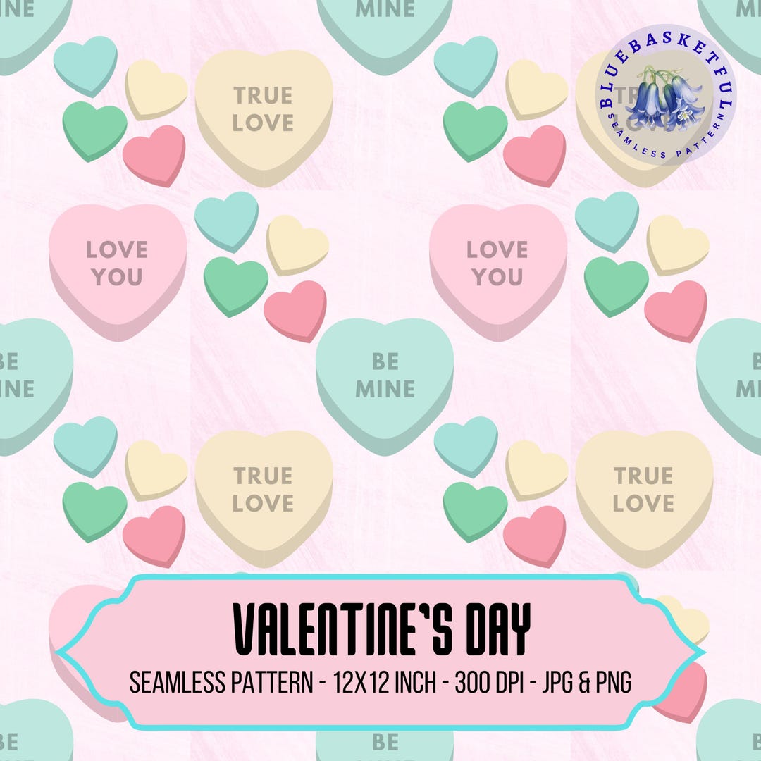 Pastel Conversation Hearts Seamless Pattern, Candy Heart Digital Paper ...