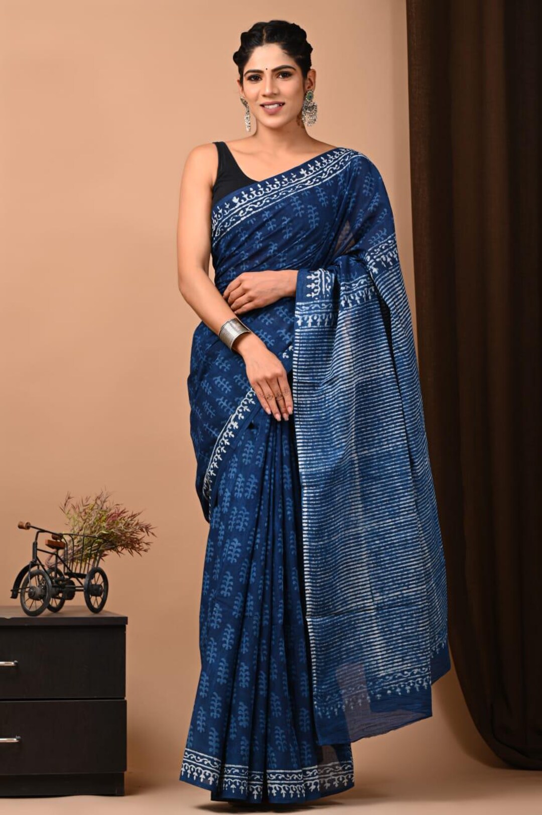 Hand Block Printed Indigo Cotton Saree, Traditional Indian Ethnic Saree ...