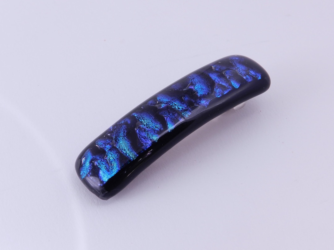 Small Size Barrette, French Style, Blue and Black, Dichroic Glass ...