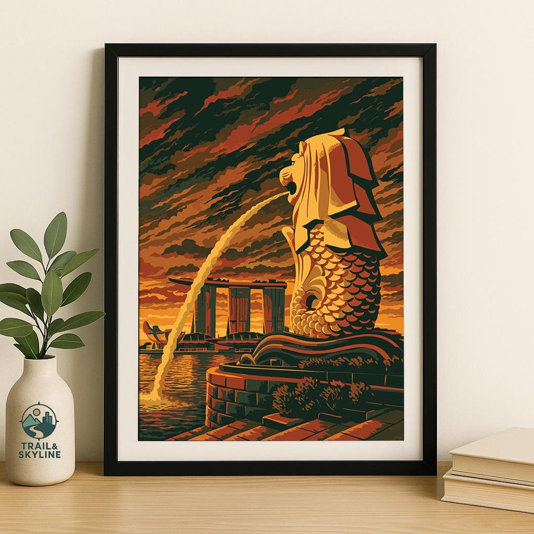 Singapore Travel Poster: Merlion and Marina Bay Art Print - Etsy