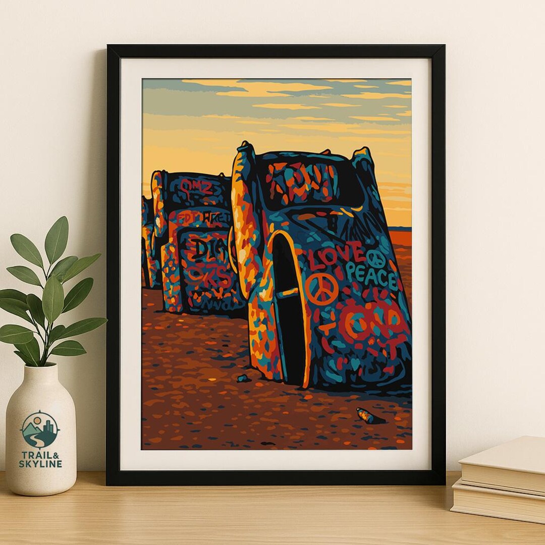 Cadillac Ranch Art Print: Vintage Route 66 Americana Travel Poster - Etsy