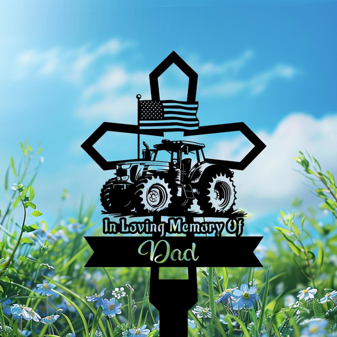 Personalized Cross Tractor Memorial Stake – Custom Farmer Grave Marker ...