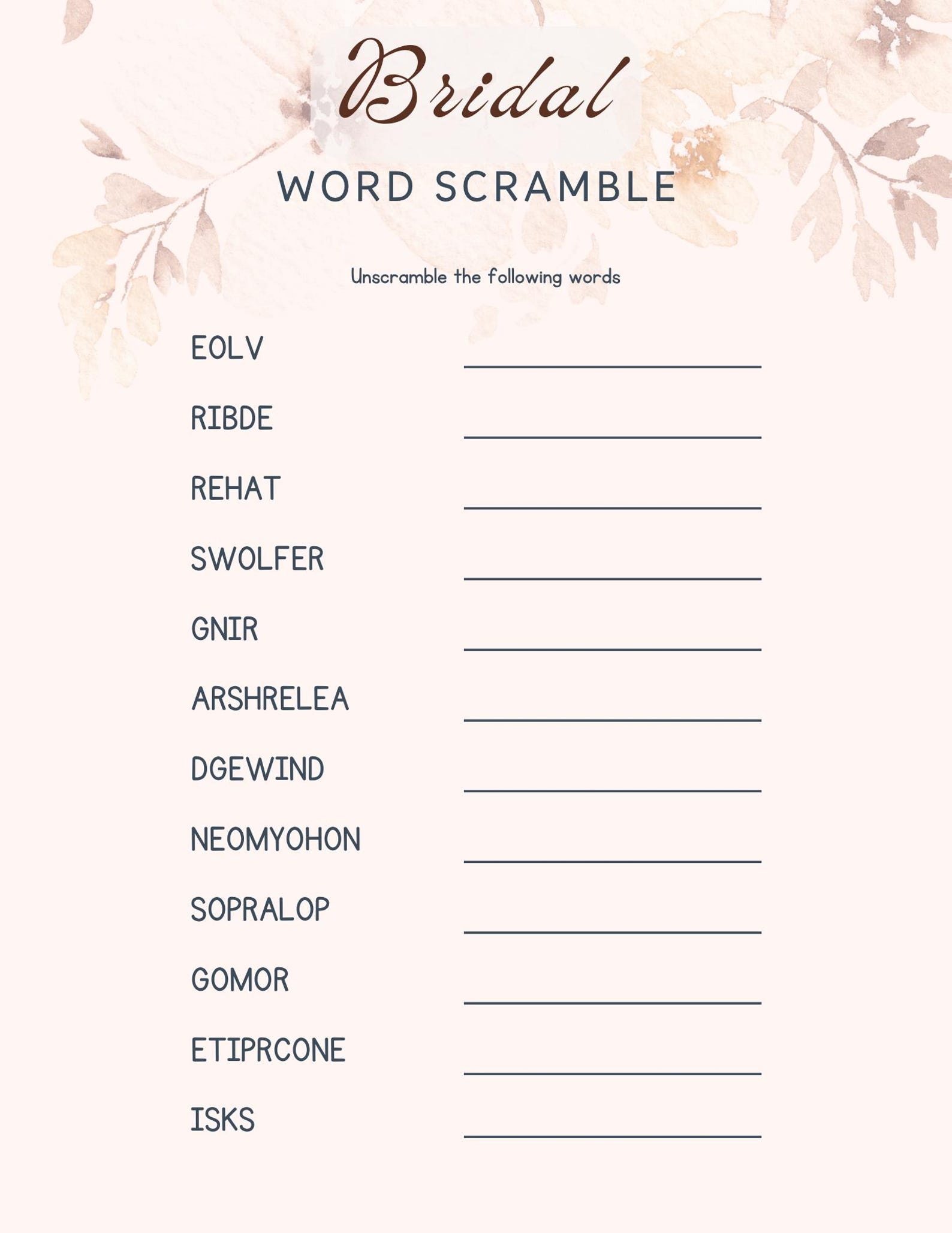 Editable Bridal Word Scramble Game | Wedding Shower Printable | Instant ...