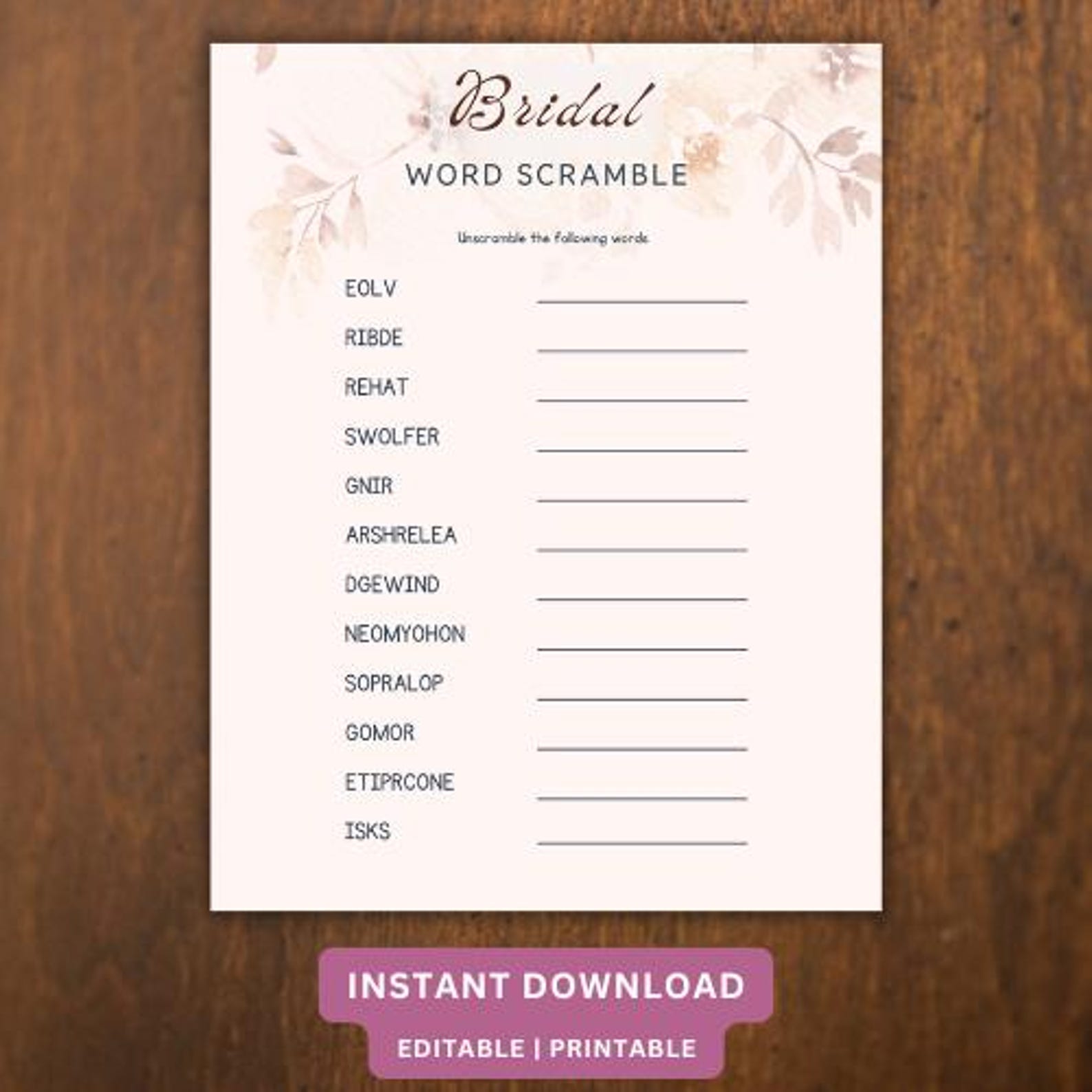 Editable Bridal Word Scramble Game | Wedding Shower Printable | Instant ...