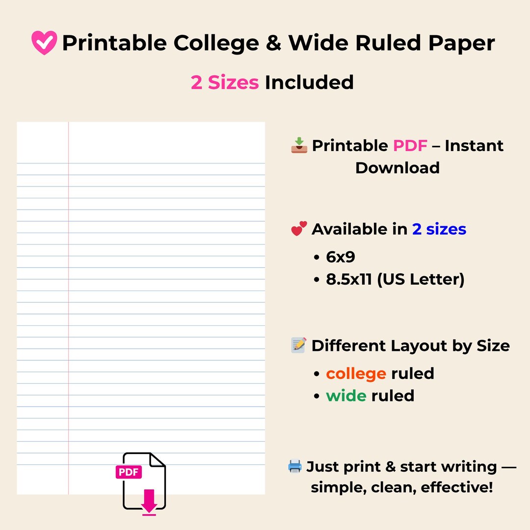 Printable College and Wide Ruled Paper – 6x9 and US Letter – Lined ...