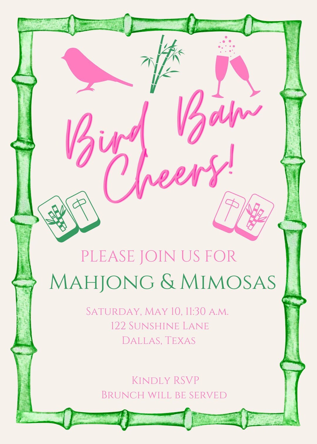 Mahjong Party Invitation: Bird Bam Cheers, Editable Template (digital ...