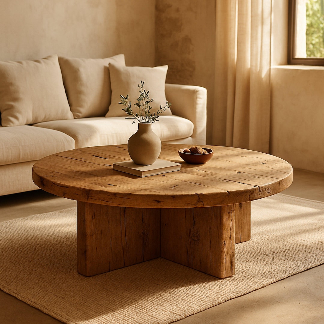 Handmade Rustic Solid Wood Round Coffee Table – Farmhouse Living Room ...