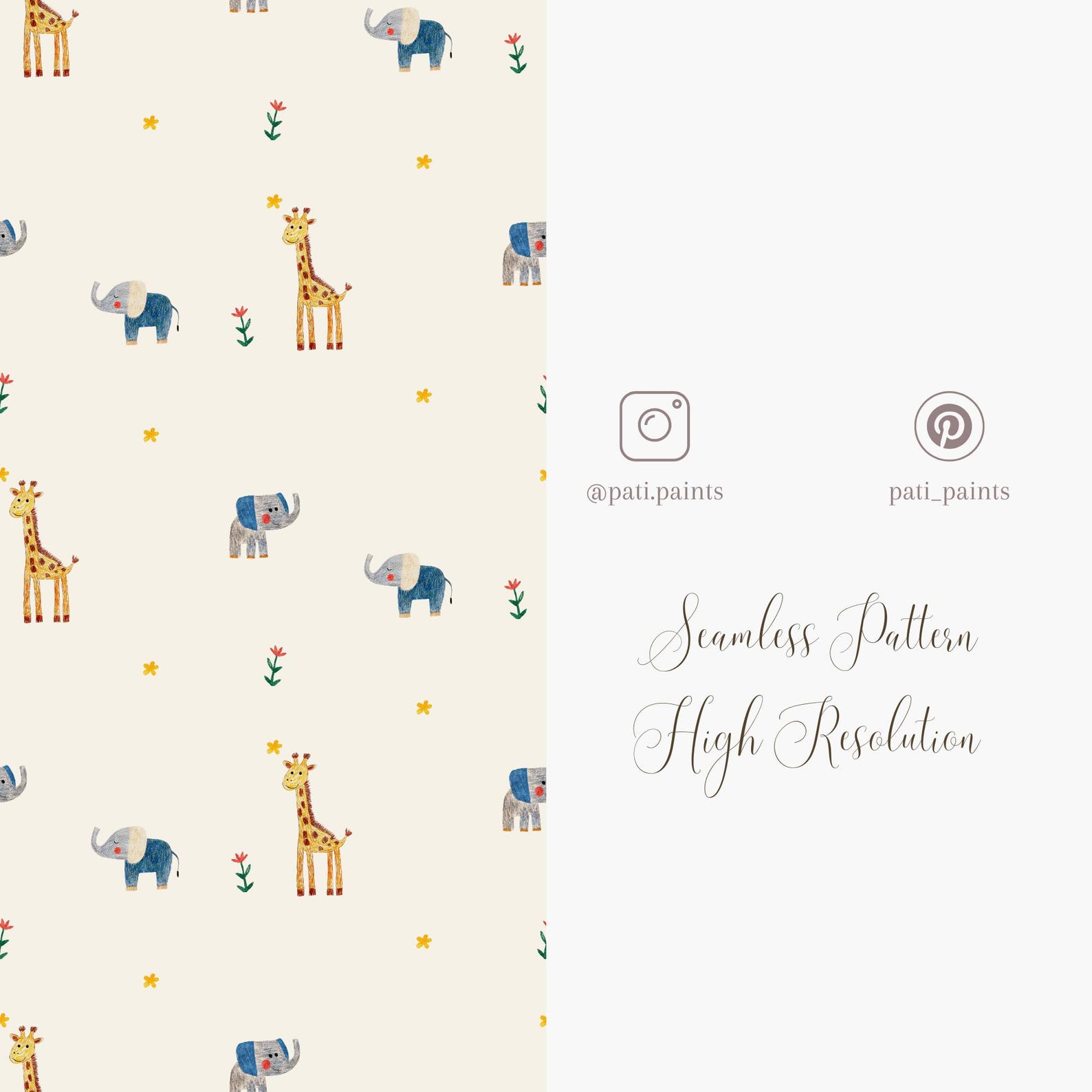 Safari Animal Seamless Pattern, Cute Elephant and Giraffe Digital Paper ...