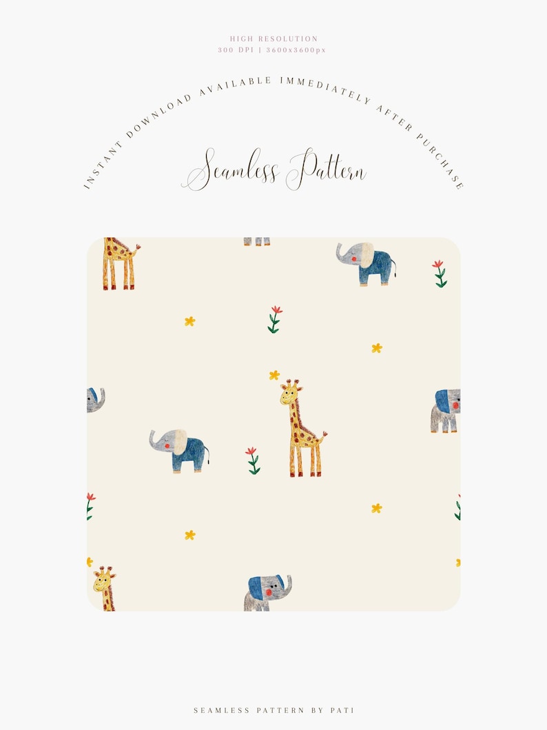Safari Animal Seamless Pattern, Cute Elephant and Giraffe Digital Paper ...