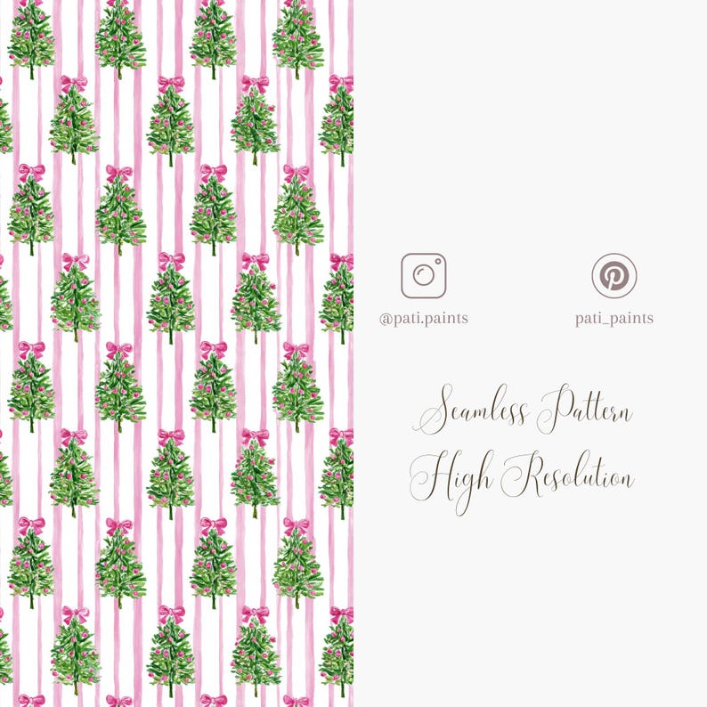 Pink Christmas Tree Seamless Pattern, Holiday Digital Paper, Watercolor ...