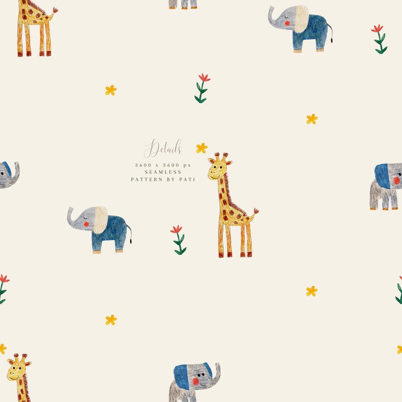 Safari Animal Seamless Pattern, Cute Elephant and Giraffe Digital Paper ...